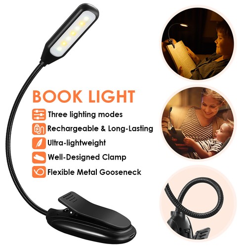 LED Reading Light Clip On Bed Rechargeable Stand Light Book Reading ...