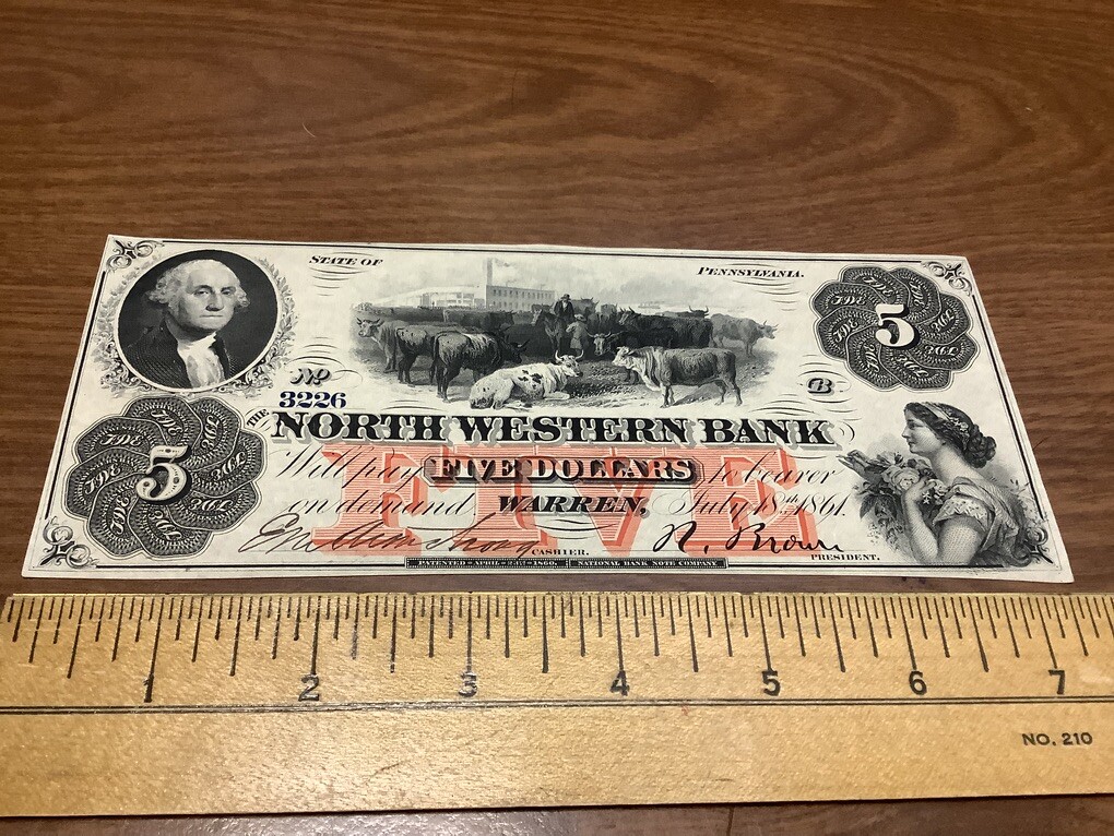1861 $5 THE NORTHWESTERN BANK, WARREN, PA - OBSOLETE - Clean Crisp ...