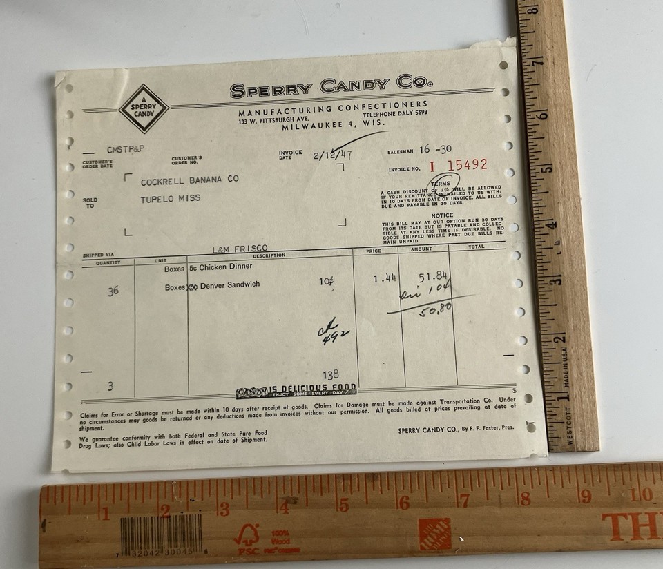 Vintage 1947 Sperry Candy Co. Advertising Letterhead Receipt Milwaukee ...