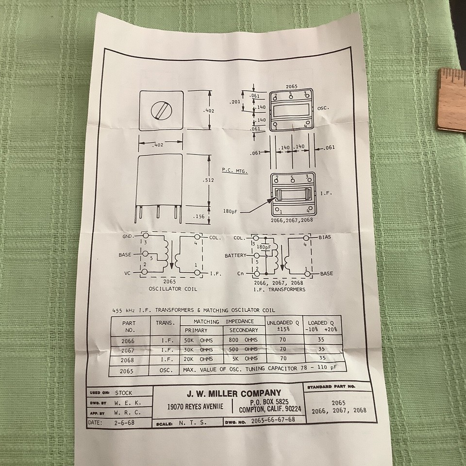 Miller 2068 Subminiature IF Transformer 455kHz Kc 20k-5k Ohms Black ...