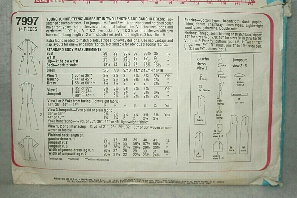 VINTAGE 1970s SIMPLICITY 7997 Sewing Pattern Jumpsuit Gaucho Dress 11 ...