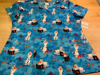 New Women’s Disney Frozen Scrub Top with Olaf Reading & Fall Leaves ...