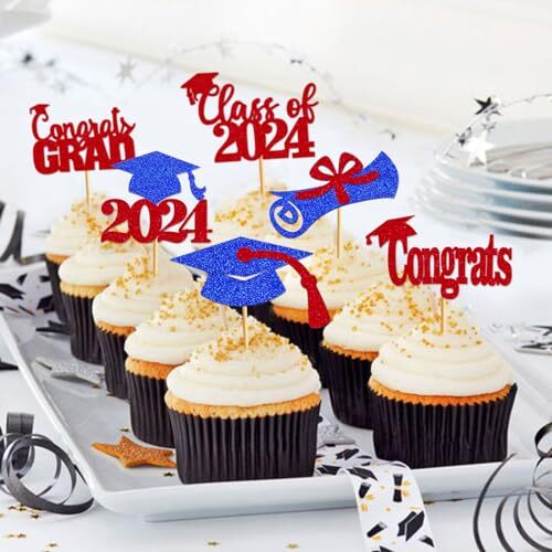 24Pcs Red and Blue Graduation Cupcake Toppers 2024 Graduation Red Blue ...