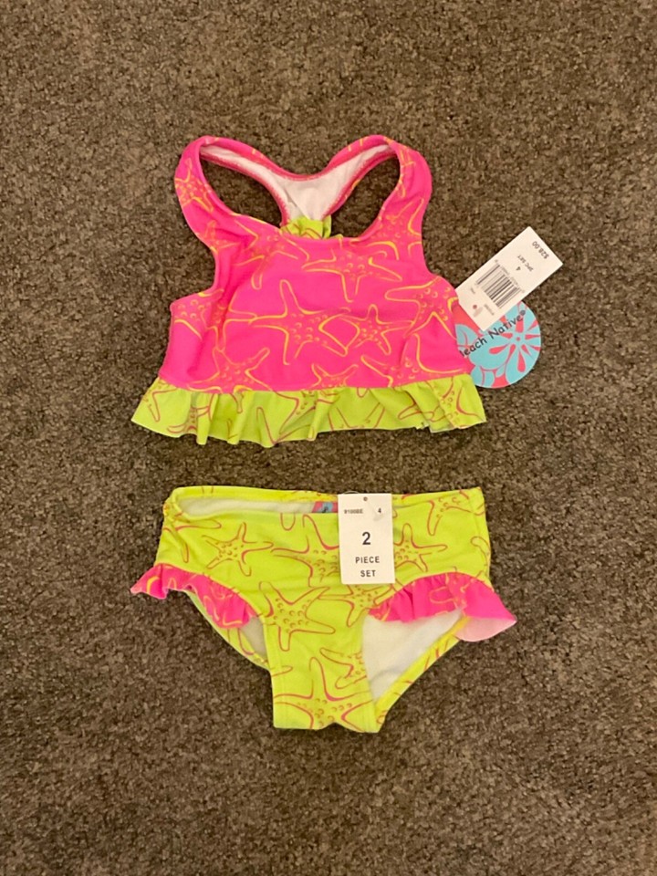 2 Piece Beach Native Bikini Swim Bathing suit Girl Bright Pink Bow ...