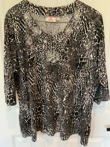 QUACKER FACTORY Womens Plus Size 3X Gray 3/4 Sleeve Embellish Neckline ...