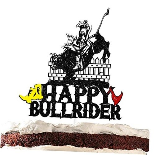 Happy Cake Topper Cow Black Glitter Country Western Bull Riding ...