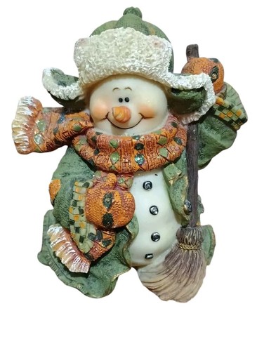 Don Mechanic Snow Folk Snowman Green Holding Rake Plaid Scarf 6 IN High ...