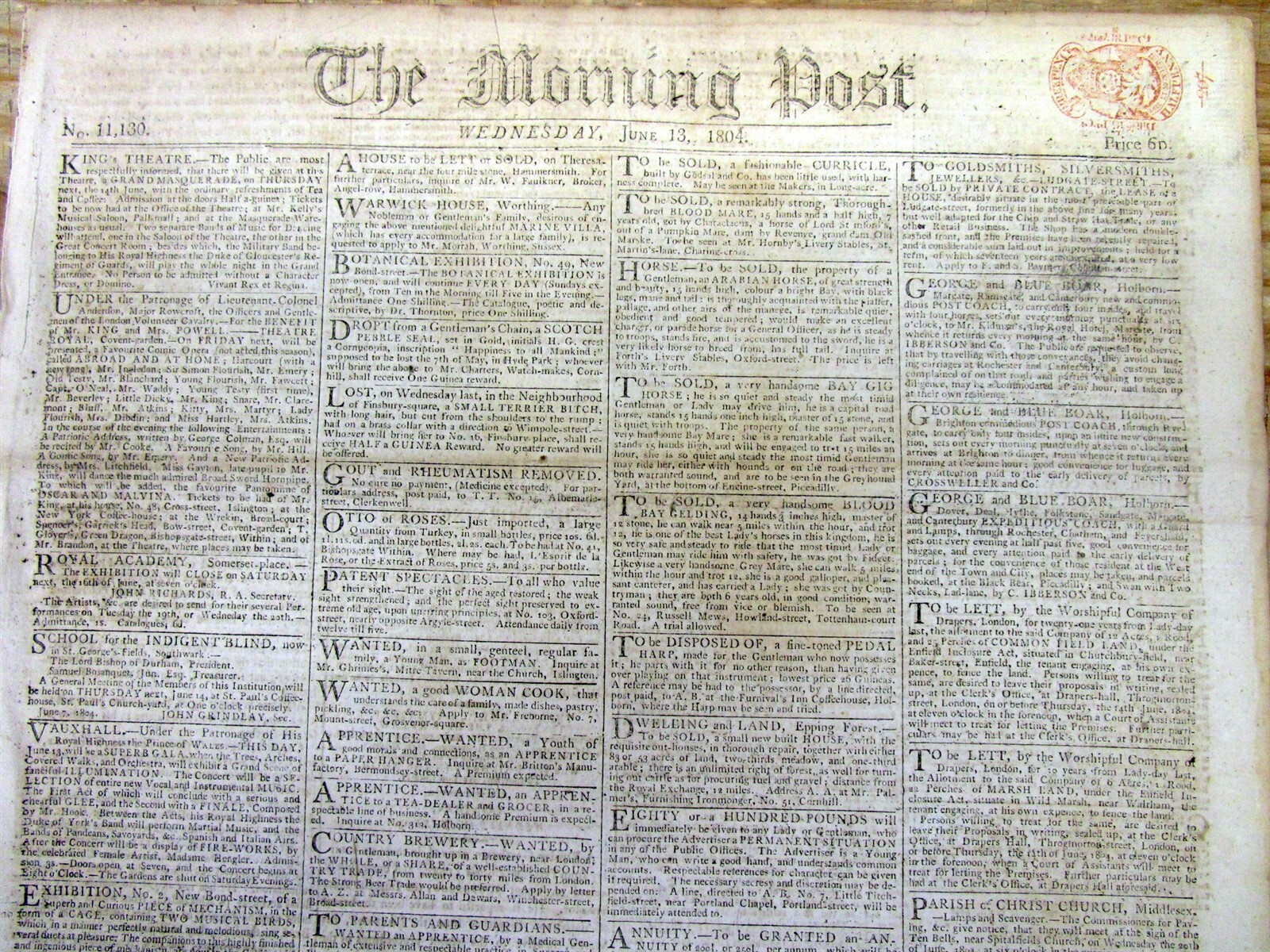 Lot of 5 1804 issues LONDON MORNING POST newspapers w RED TAX STAMP ...
