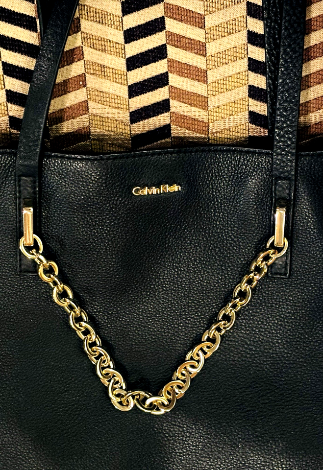 Calvin Klein Black Tote Bag with Double Straps & Gold Chain | eBay