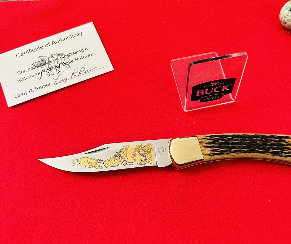 BUCK USA 110 LEROY REMER GOLD ETCH SER #201 “Red Hawk” VINTAGE CUSTOM ...