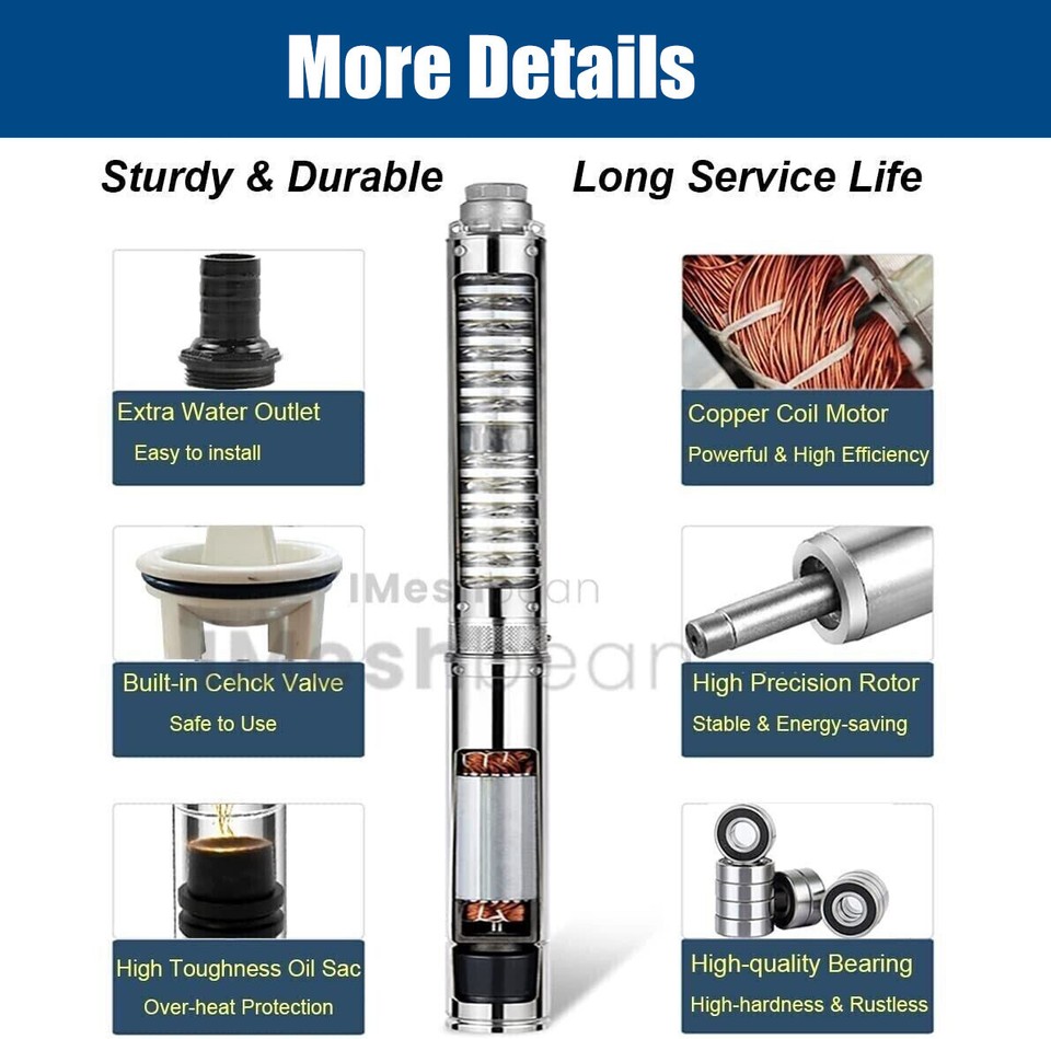 1 HP Deep Well Submersible Pump 4" 37GPM 207ft MAX 100' Cord w/Control ...