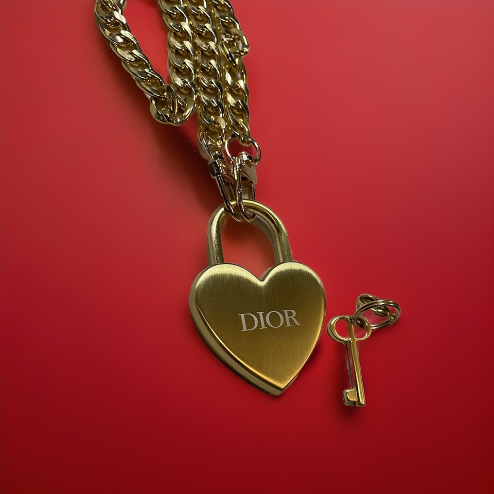 NEW Dior Novelty Gold Heart Padlock Lock Key w/Box +Unbranded Chain ...