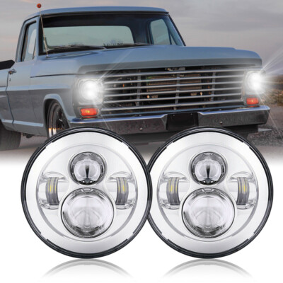2PCS 7 inch Round LED Headlights Hi/Lo Beam Chrome for Ford F100 F150 ...