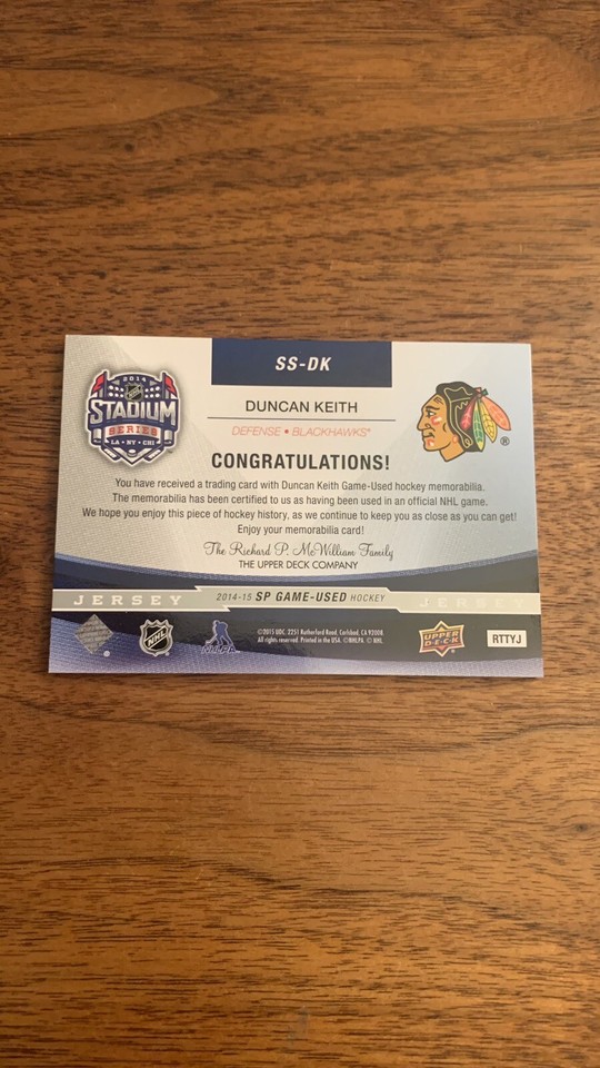 2014-15 SP Game Used Duncan Keith Stadium/Winter Classic Materials ...