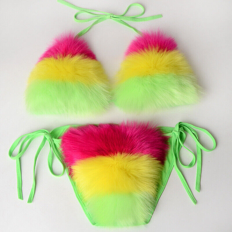 Fox Fur Swimsuit Beach Bikini Sexy Split Fur Bikini Set Micro Bra G ...
