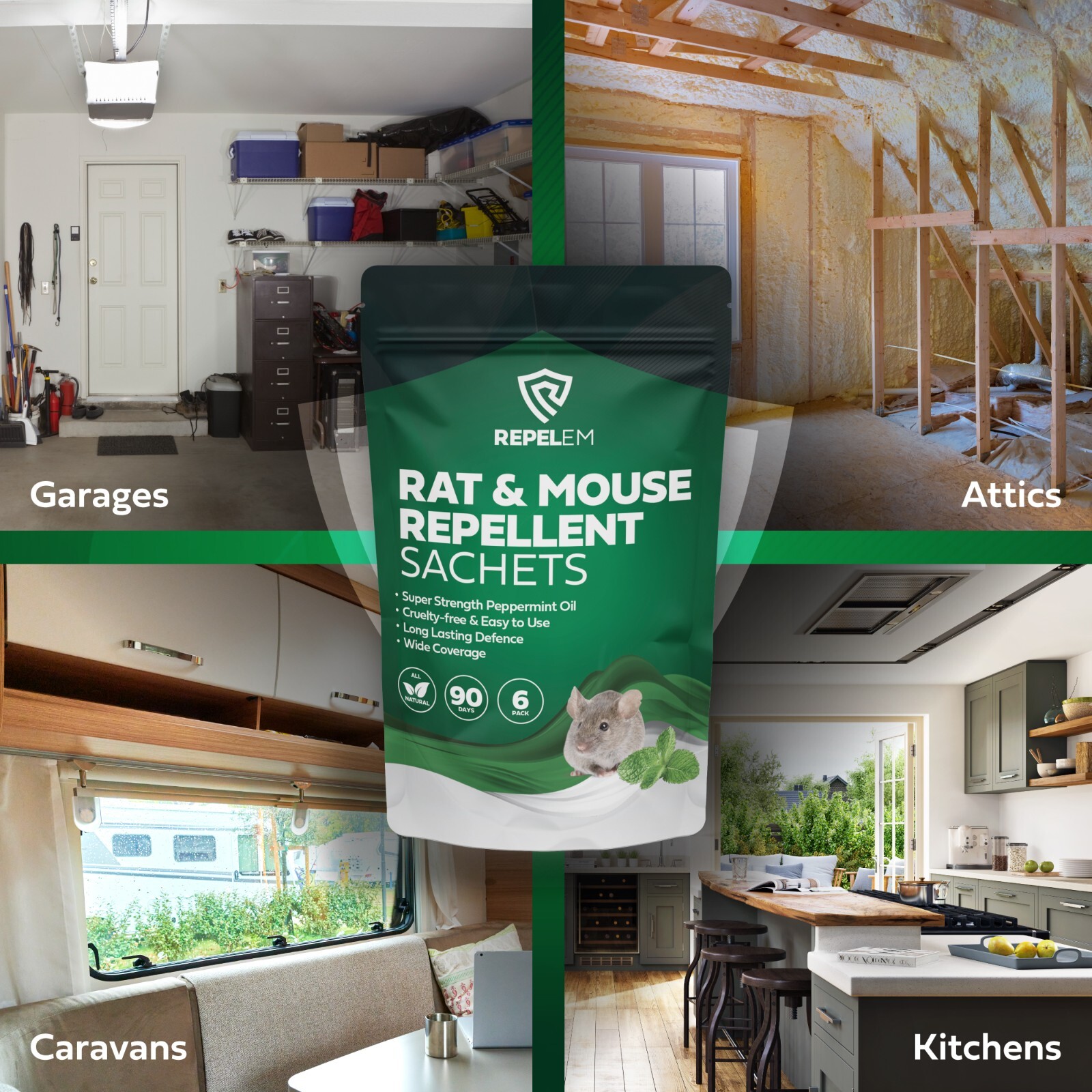 REPELEM Rat & Mouse Repellent Sachets, Peppermint Oil Rat Repellent (6 ...