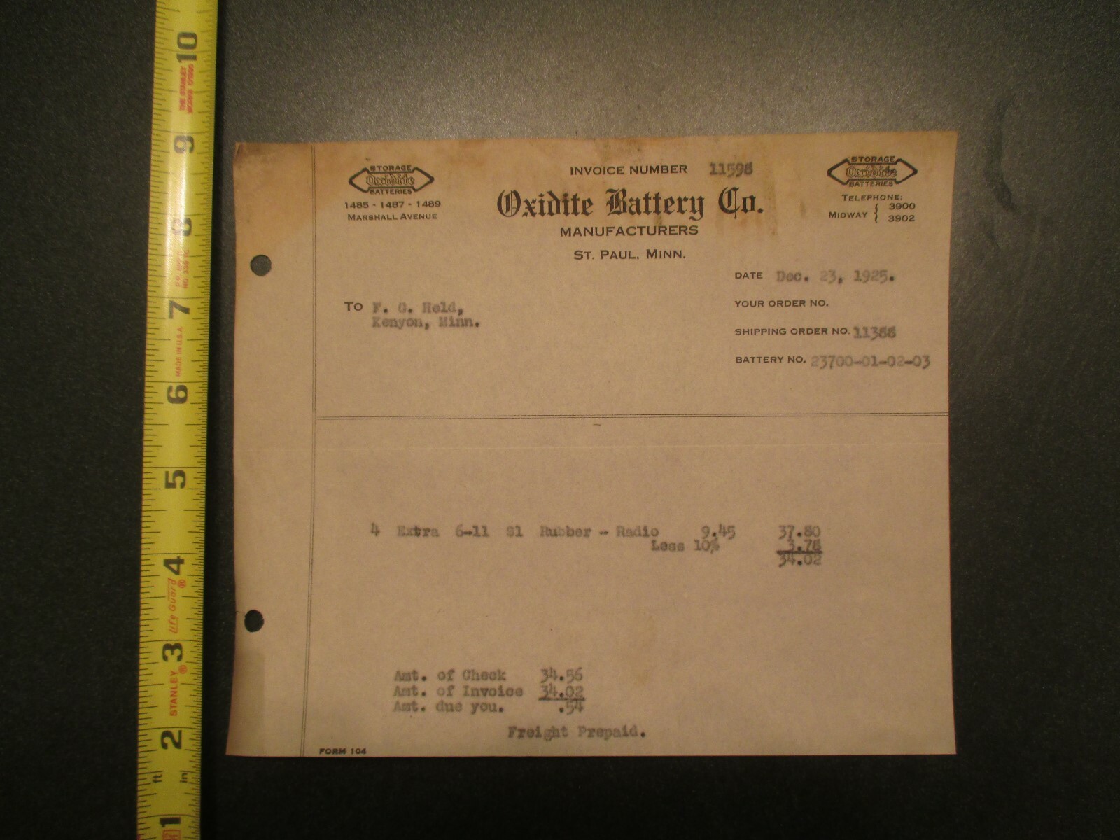 Oxidite Battery Company St Paul Minnesota 1925 invoice Letterhead 499 ...