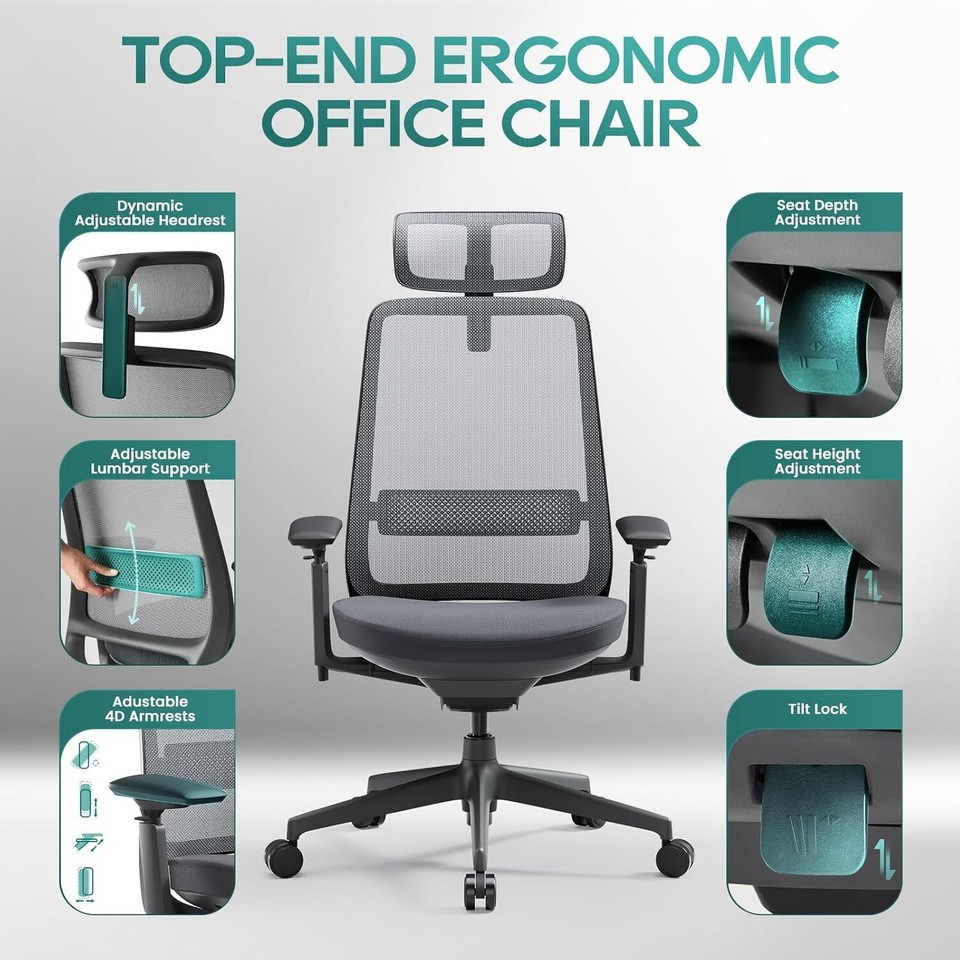 Ergonomic Office Chair with Adjustable Headrest and 4D Arms,Slide Seat ...