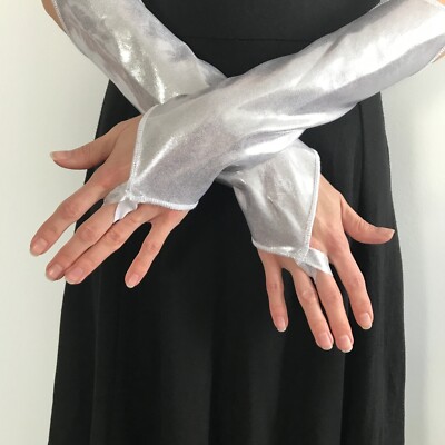 Silver Costume Gloves Holographic Arm Warmers Sleeves with Finger Loops ...