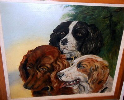 Antique Oil Painting Portrait of 3 DOGS Hunting Golden Retriever? | eBay