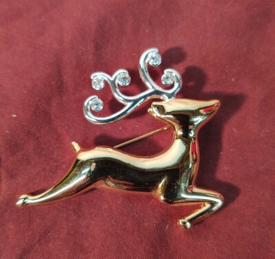 Vintage Christmas Reindeer Brooch Pin Gold-tone Silver-tone Clear ...