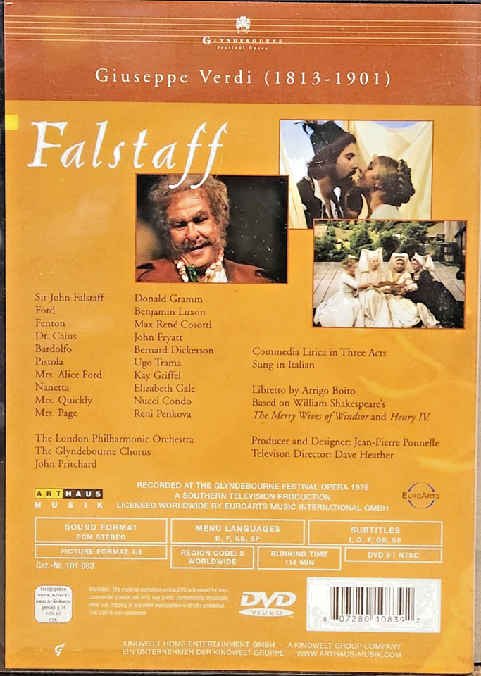 VERDI "FALSTAFF" - Donald Gramm, Benjamin Luxon, Kay Griffel - DVD | eBay