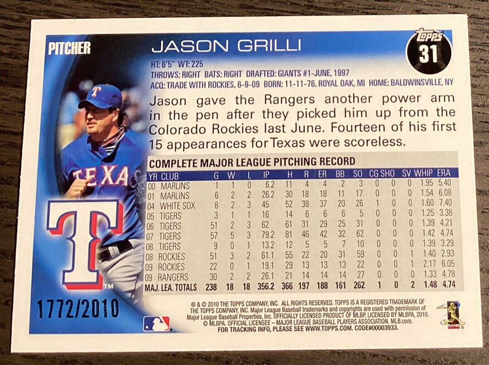 2010 Topps Jason Grilli #31 Gold Parallel /2010 59 Years Of Collecting ...