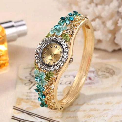 Women Vintage Flower Baroque Rhinestone Quartz Bangle Watch Analog ...