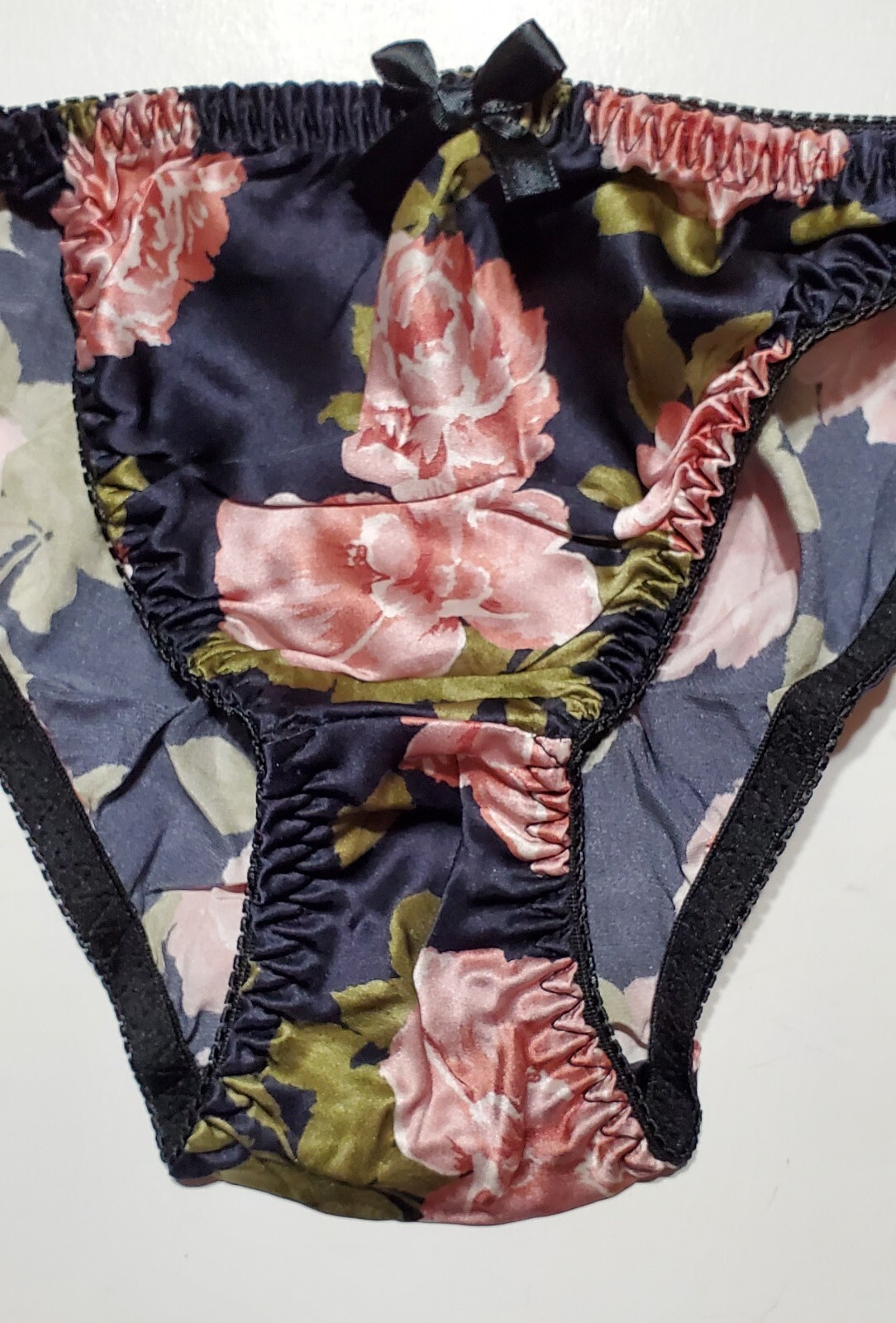 VTG Style Double SILK Shiny String Bikini Panty Floral Print 7/L PINK ...