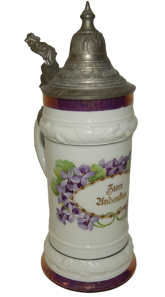 Antique Lithopane German Stein Forget Me Nots Remembrance with Pewter ...