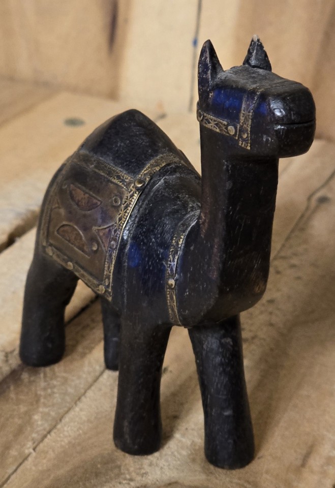 Camel Figurine Hand Carved Wood Brass Copper Metal Saddle Accents ...