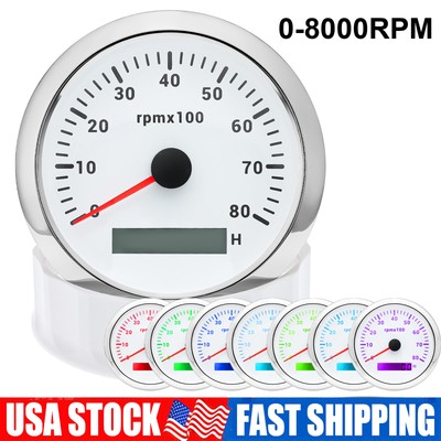 85MM Boat RPM Tachometer Gauge 0-8000RPM Marine LCD Hourmeter 7 Colors ...