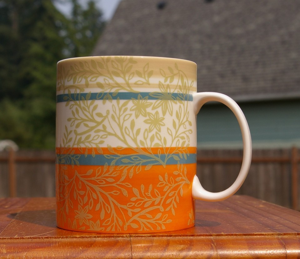 Starbucks Coffee Company 2008 14oz Leaves Branches Flower Orange Blue ...