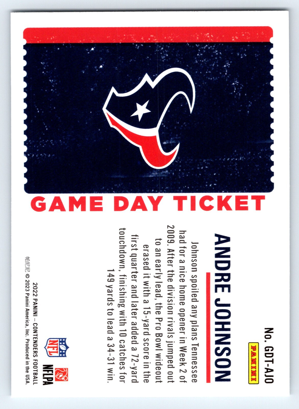 2022 Panini Contenders - Game Day Ticket Emerald #GDT-AJO Andre Johnson ...
