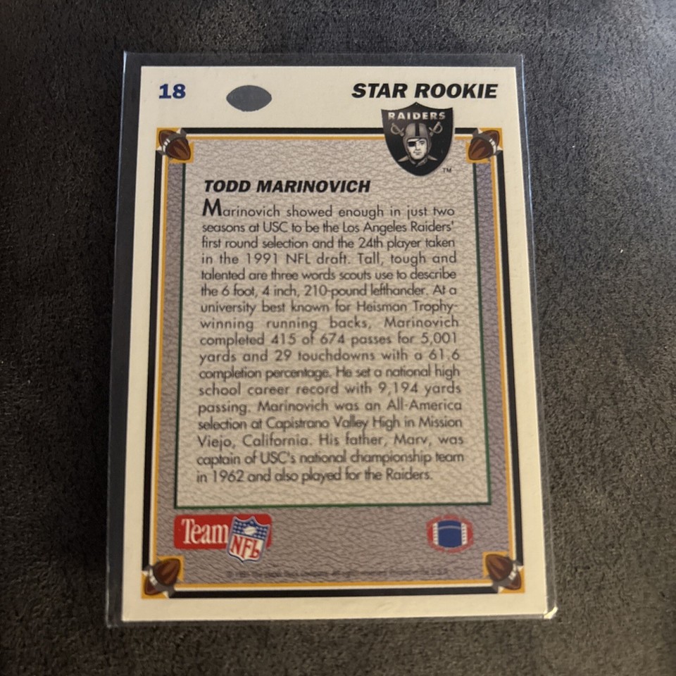 1991 Upper Deck Todd Marinovich rookie card #18 LA Raiders USC 1.00 ...