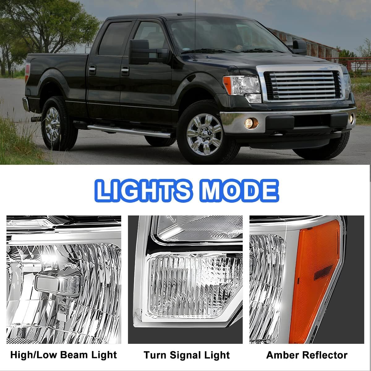 Fits 2009-2014 Ford F-150 F150 Pickup Chrome Headlights Headlamps Left ...