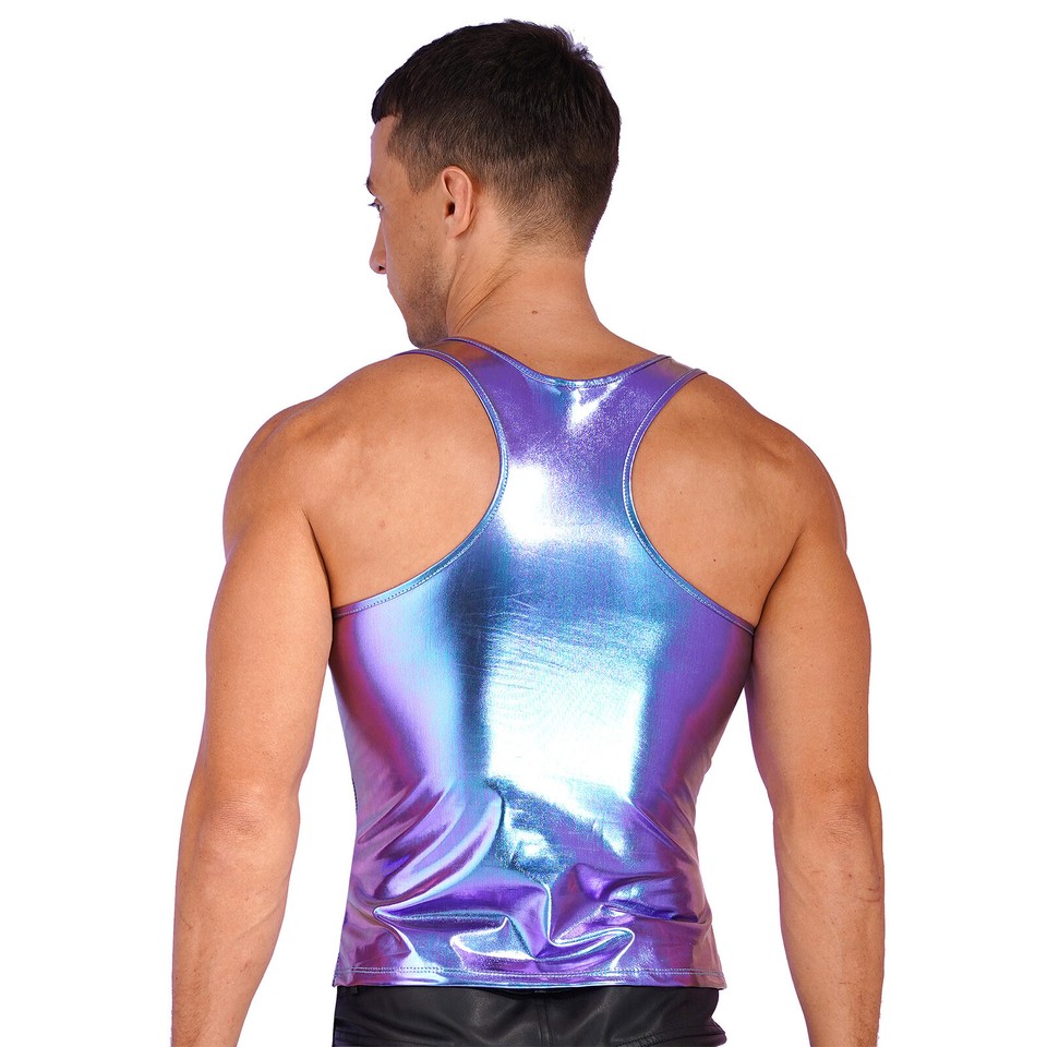 Men Shiny Metallic Sleeveless Muscle Tank Top Faux Leather Vest Tops ...