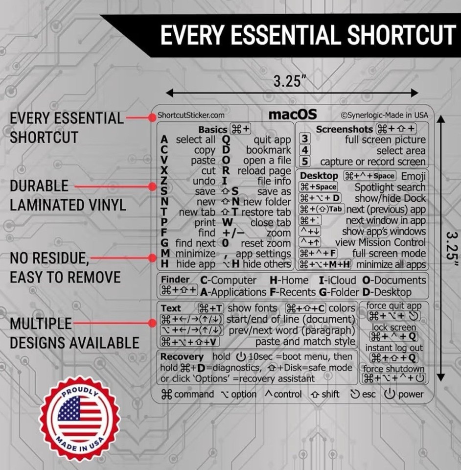 Apple Mac OS Shortcuts Sticker | Keyboard MacBook Cheatsheet ...