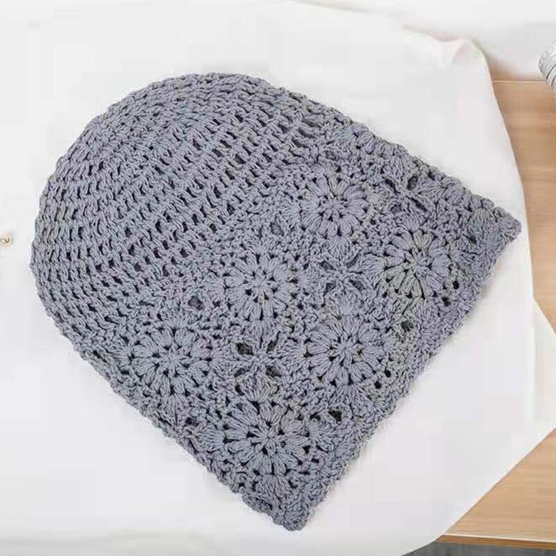 Crochet Slouchy Beanie Hat Handmade Knit Cutout Floral Skull Cap Cotton ...