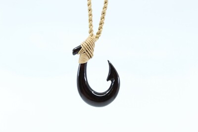 Hawaiian Fish Hook Necklace (Black Buffalo Bone) -Hand Carved Maui Hook ...