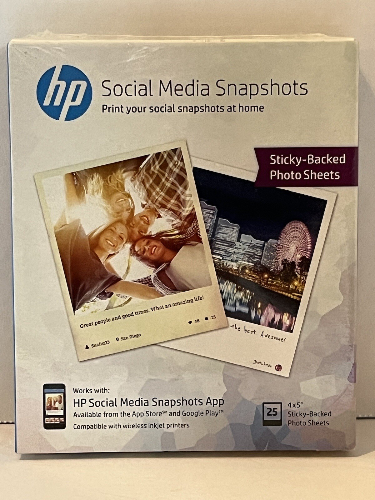 Sealed New HP Photo Paper Sticky Back Social Media Snapshots 4x5 inch ...