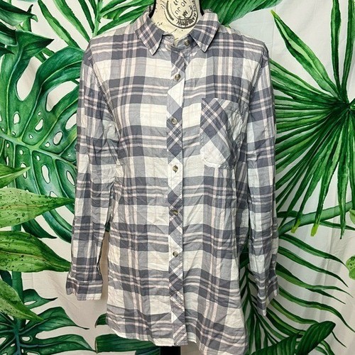 Athleta L Grey Pink Button Down Casual School Tunic Spring Light Plaid ...