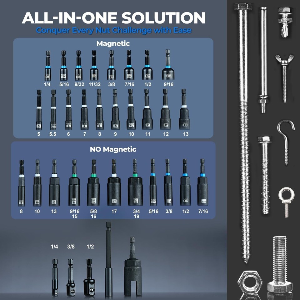 TOOLANT Impact Magnetic Nut Driver Set - 34pcs - Impact Driver Bit Set ...