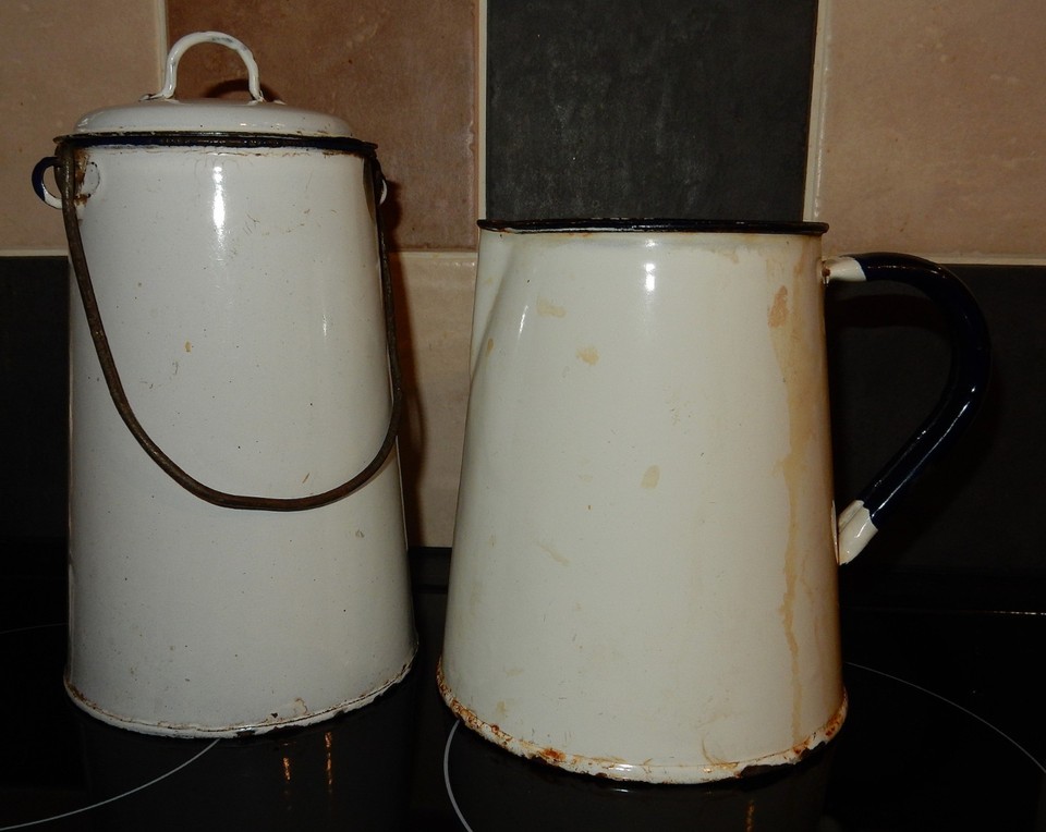 VINTAGE WHITE ENAMEL MILK CHURN & JUG | eBay UK