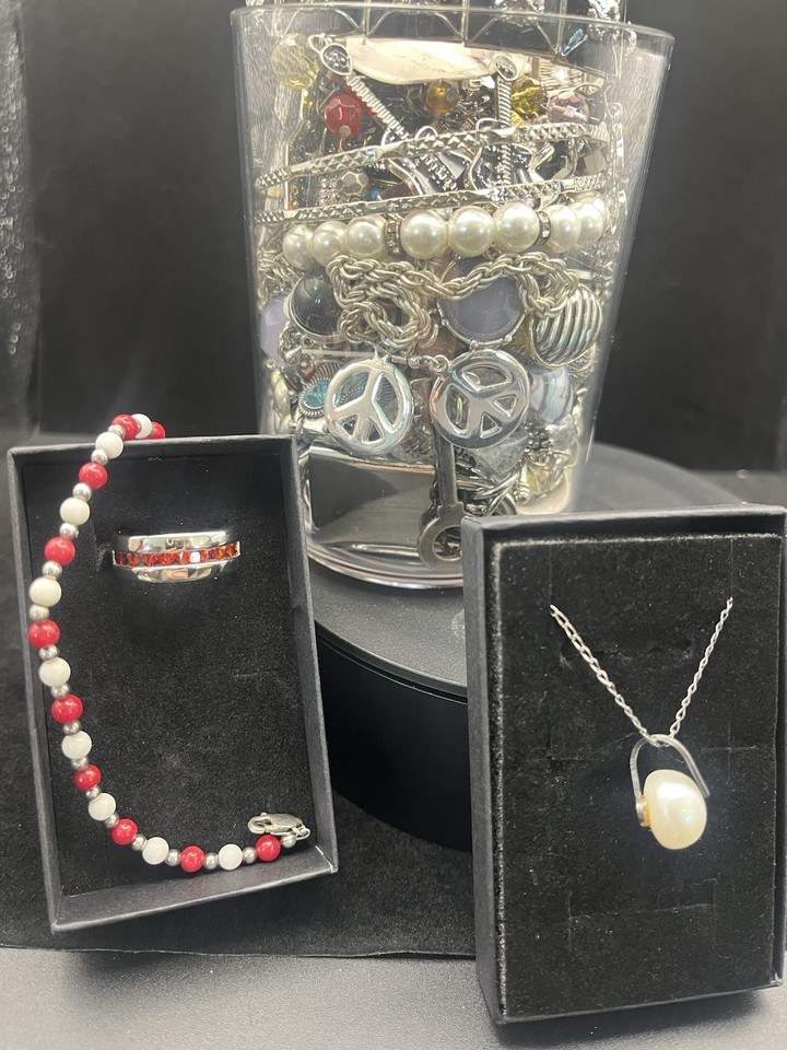 Silver-Tone Jewelry Jar Lot | Costume + Stamped 925 Bracelet & Ring ...