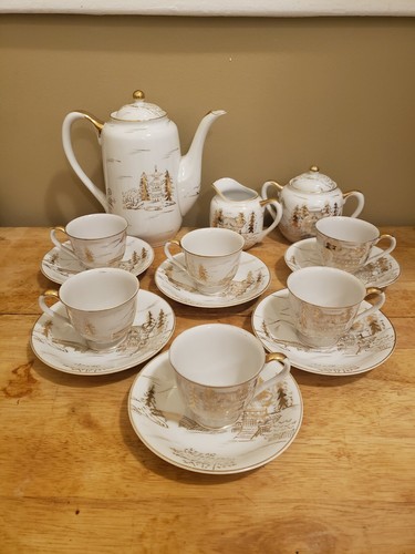 Vintage Hayasi Kutani Tea Set Teapot Mt Fuji Village Cups Saucers Fine ...