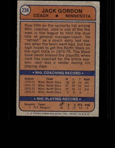 JACK GORDON 1974 Topps Hockey #238 B1012R5S2P62 FREE SHIPPING | eBay