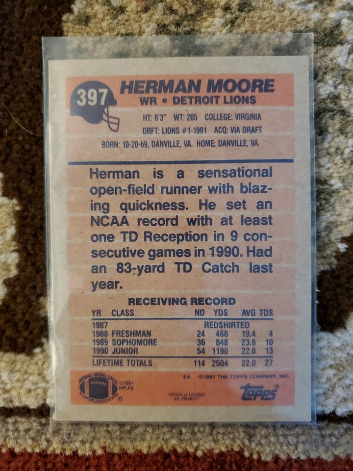 Herman Moore 1991 Draft Pick Topps Rookie Card 397 | eBay