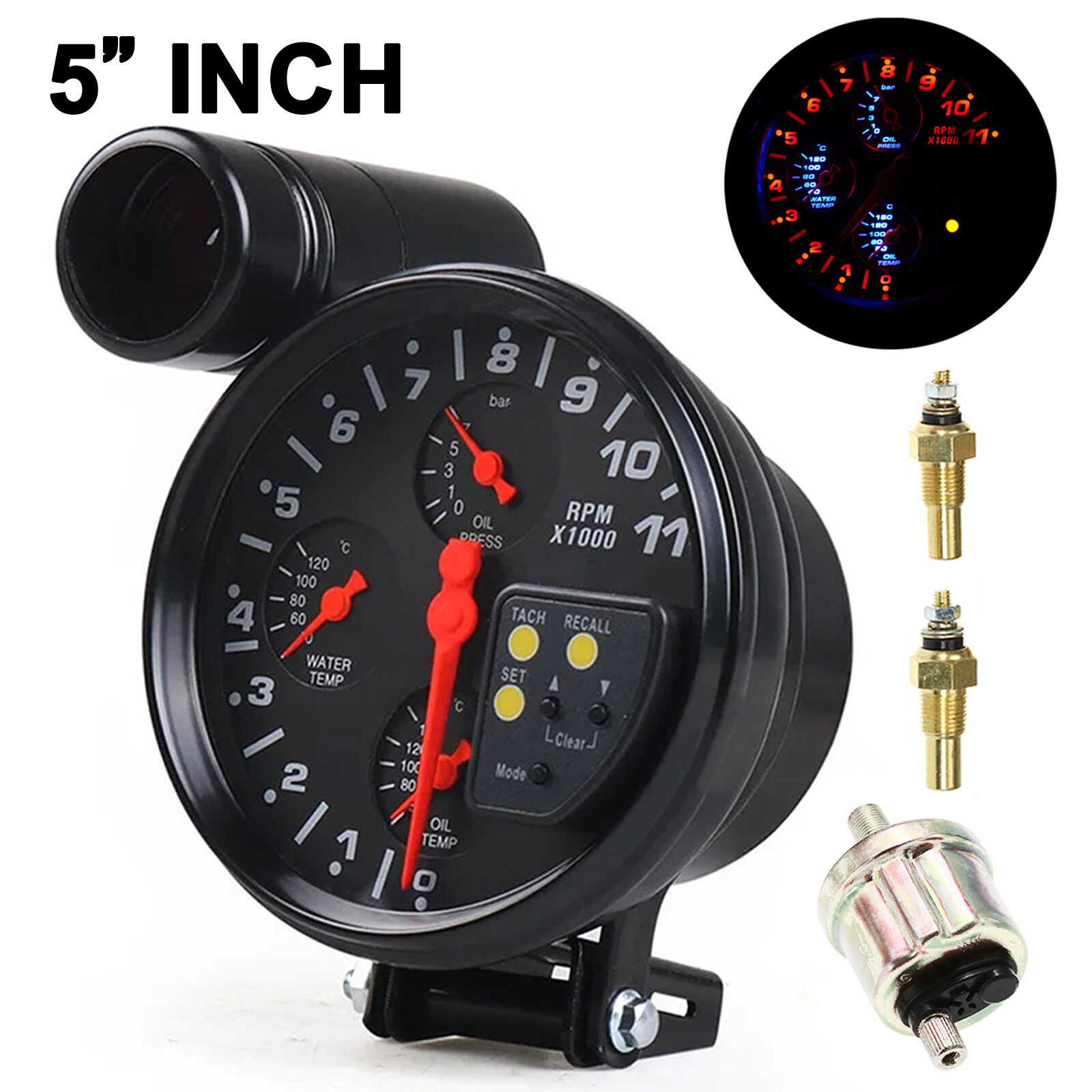 5" 4 IN 1 Car Racing Tachometer RPM Meter Water Temp Oil Temp Oil ...