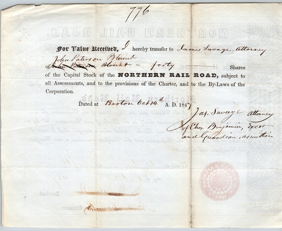 1847 Boston, MA Northern Railroad Stock Certificate No.1959 for 40 ...